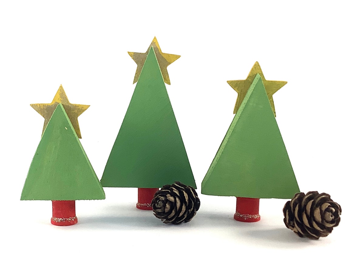 Mini Christmas Tree Set Hand Painted Wood Glittering Stars - Etsy