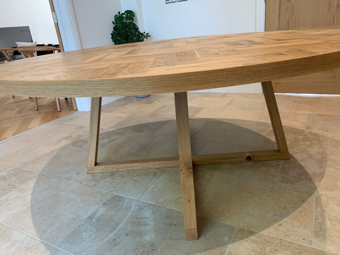 Round Herringbone Dining Table - Solid Oak - Wooden Legs - Bespoke ...