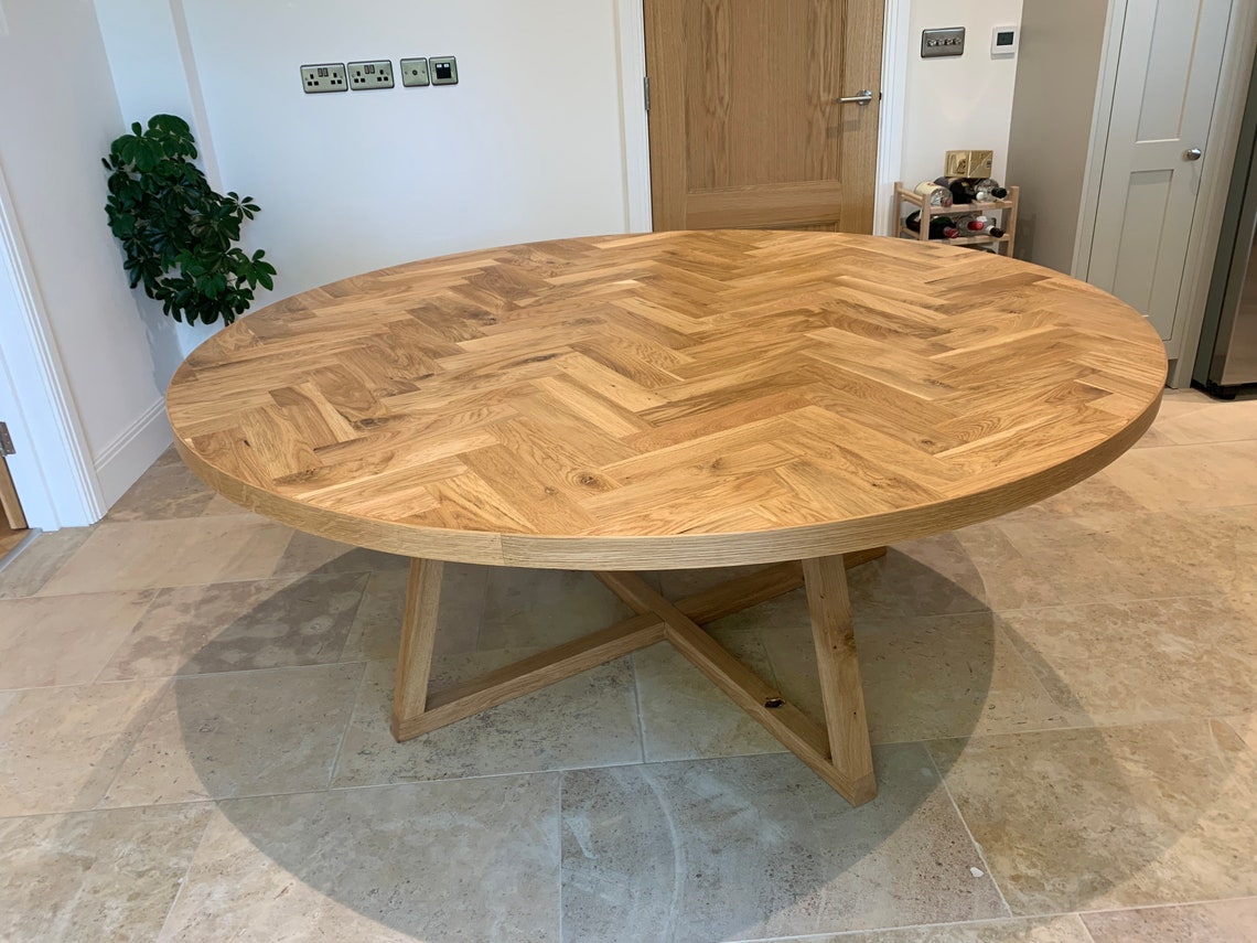 Round Herringbone Dining Table - Solid Oak - Wooden Legs - Bespoke ...