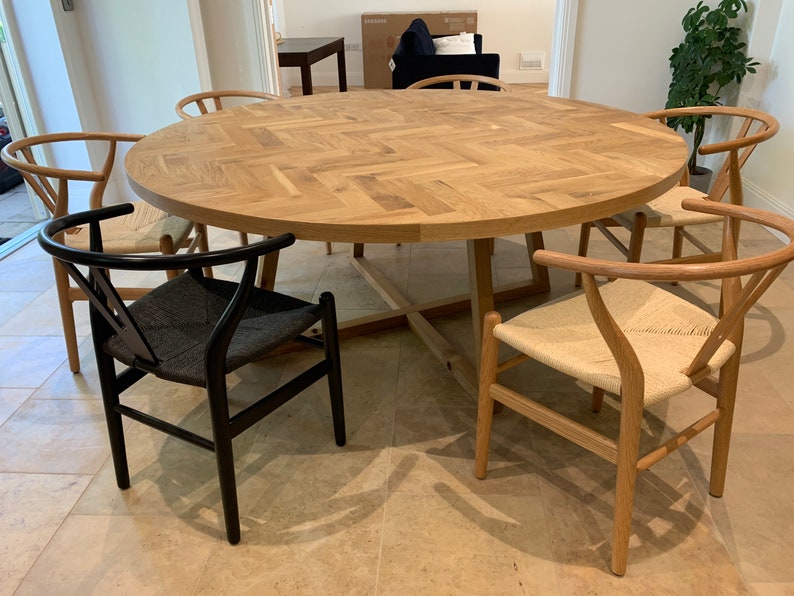 Round Herringbone Dining Table - Solid Oak - Wooden Legs - Bespoke ...