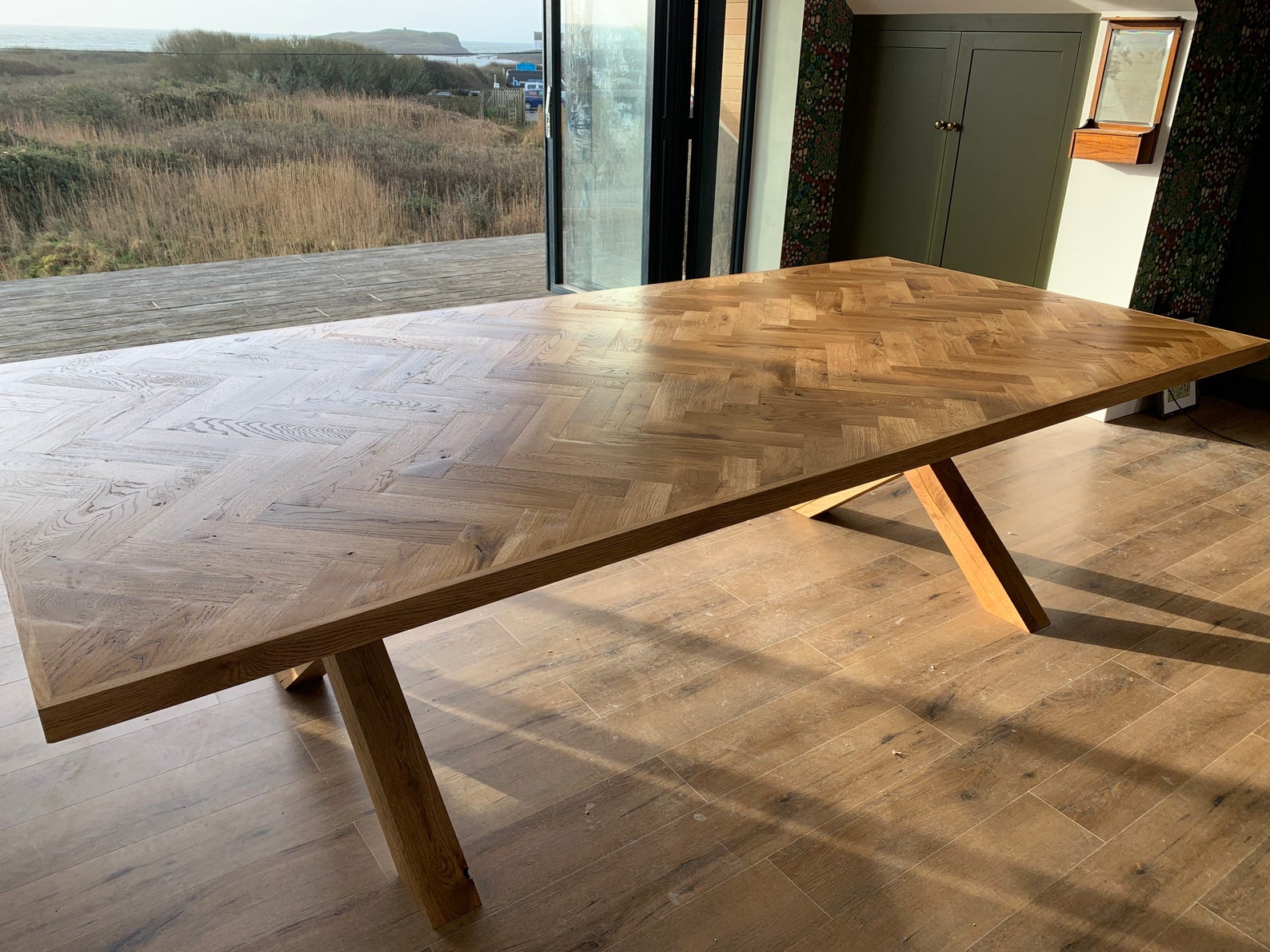 Herringbone Parquet table large Wooden crossover legs | Etsy