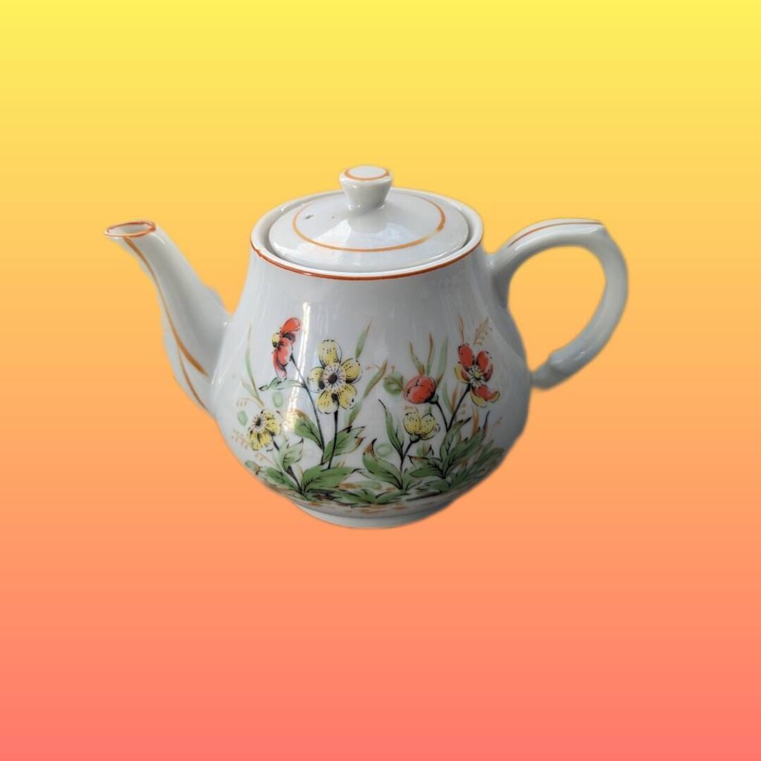 Vintage Orange Yellow Flower Teapot - Etsy