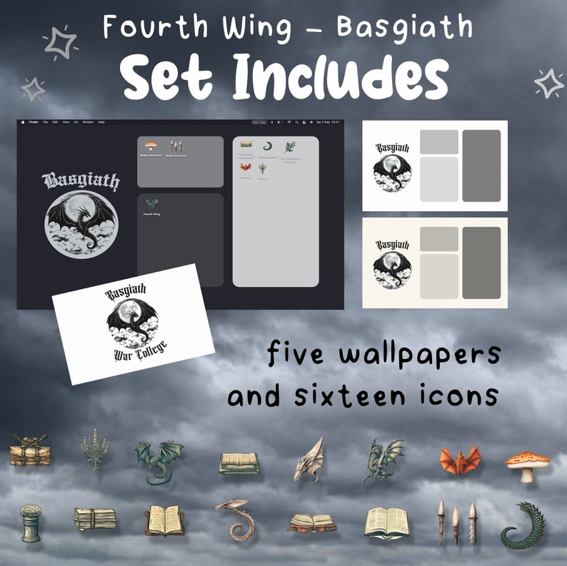 Fourth Wing Desktop Theme Computer Organizer Set || Wallpaper & Icons ...