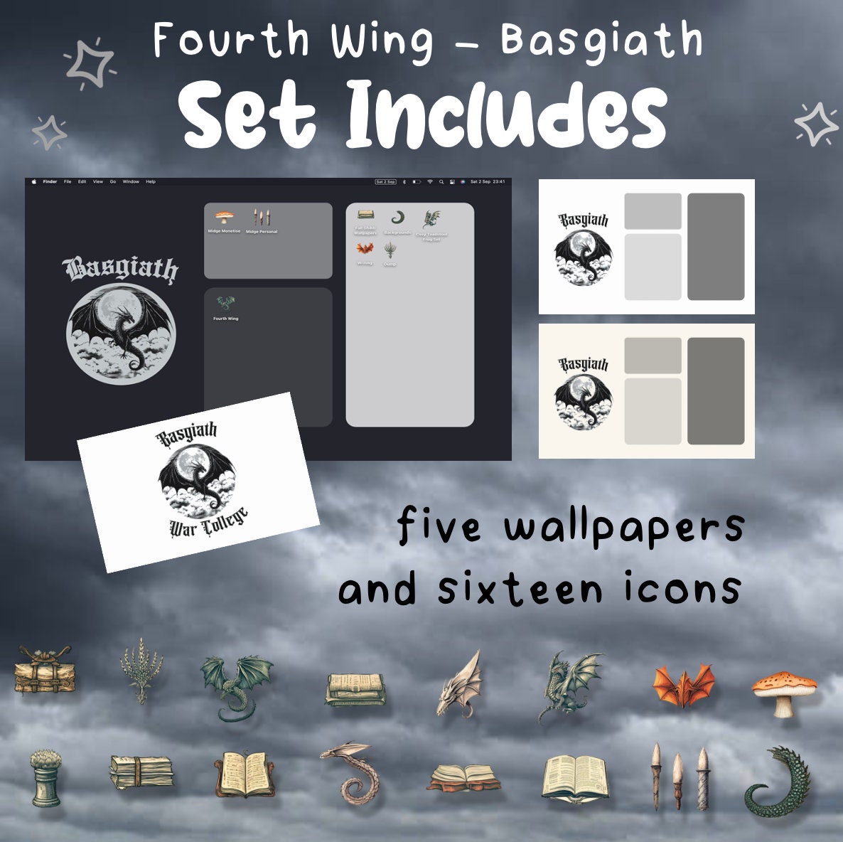 Fourth Wing Desktop Theme Computer Organizer Set || Wallpaper & Icons ...