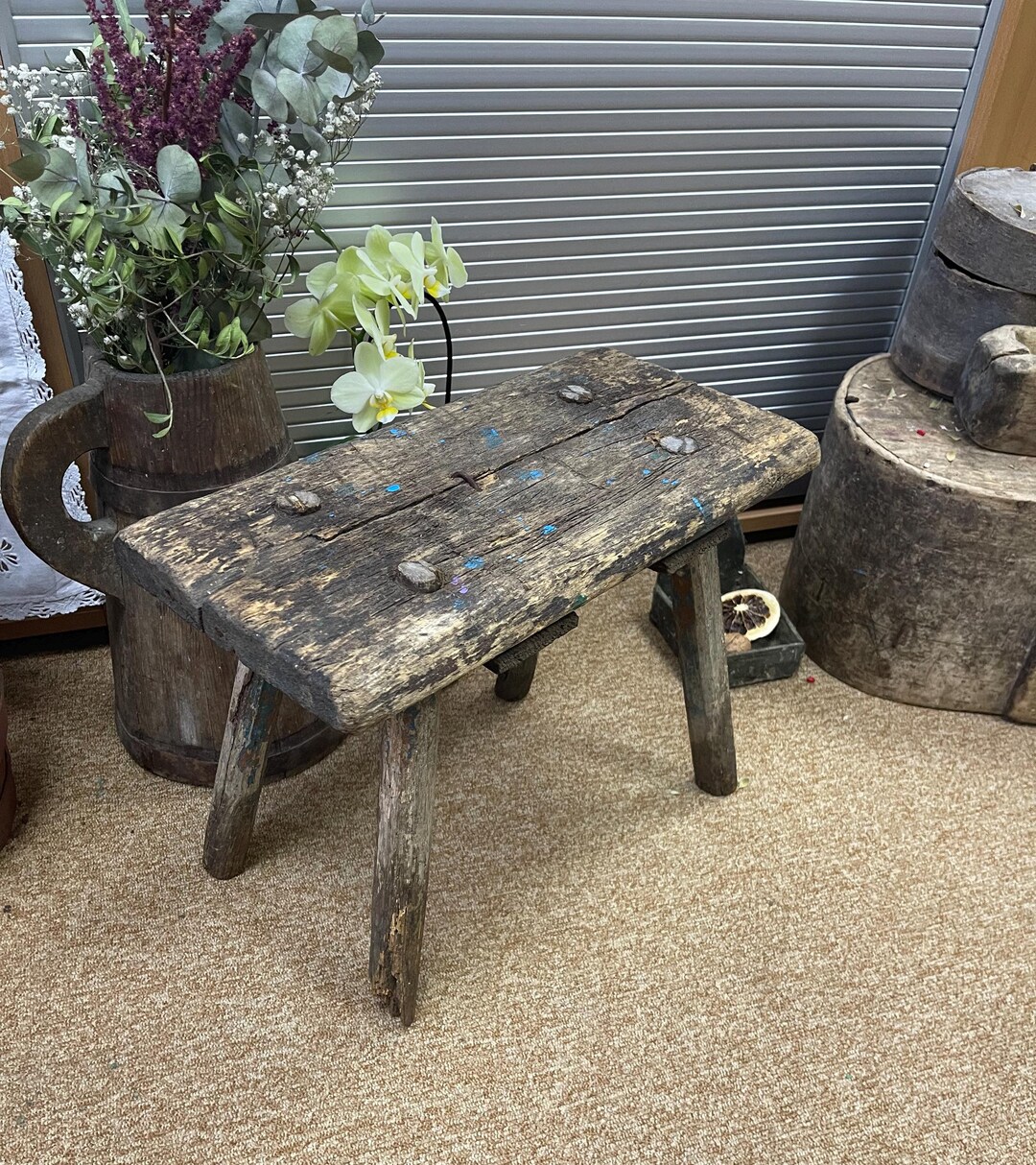 Rustic Antique Wooden Stool, Farm Work Stool, Folk Furniture, Primitive ...