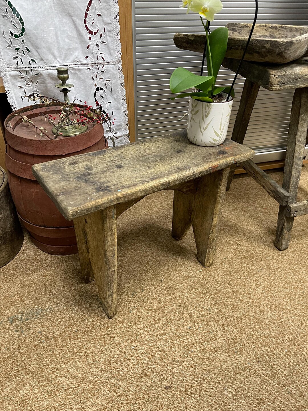 Vintage Wooden Stool, Farm Work Stool, Wabi Sabi Folk Furniture ...