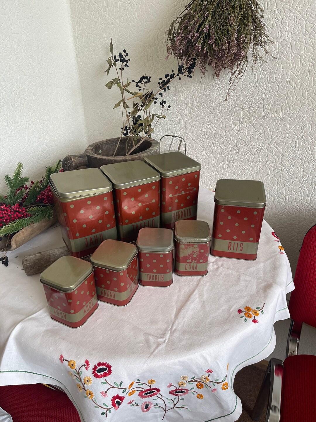 Vintage Metal Kitchen Canisters Containers Kitchen Storage Polka Dot 0. ...