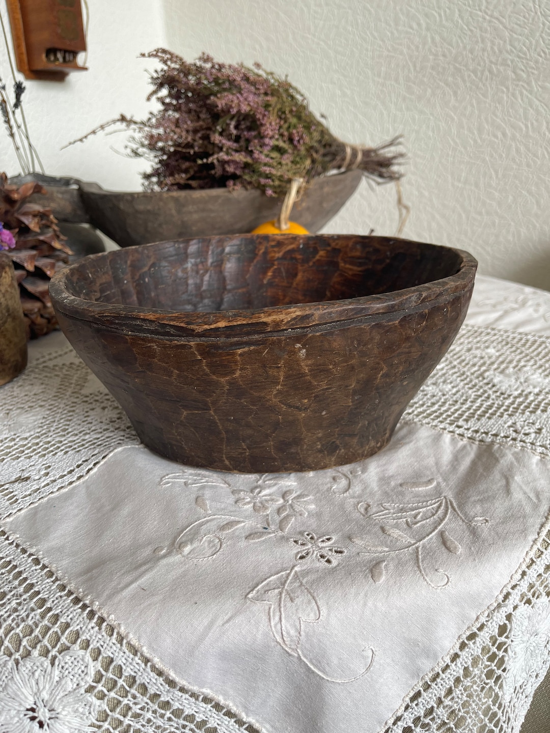 Antique Wooden Bowl Hand Carved Rustic Wooden Deep Dish Primitive Decor ...