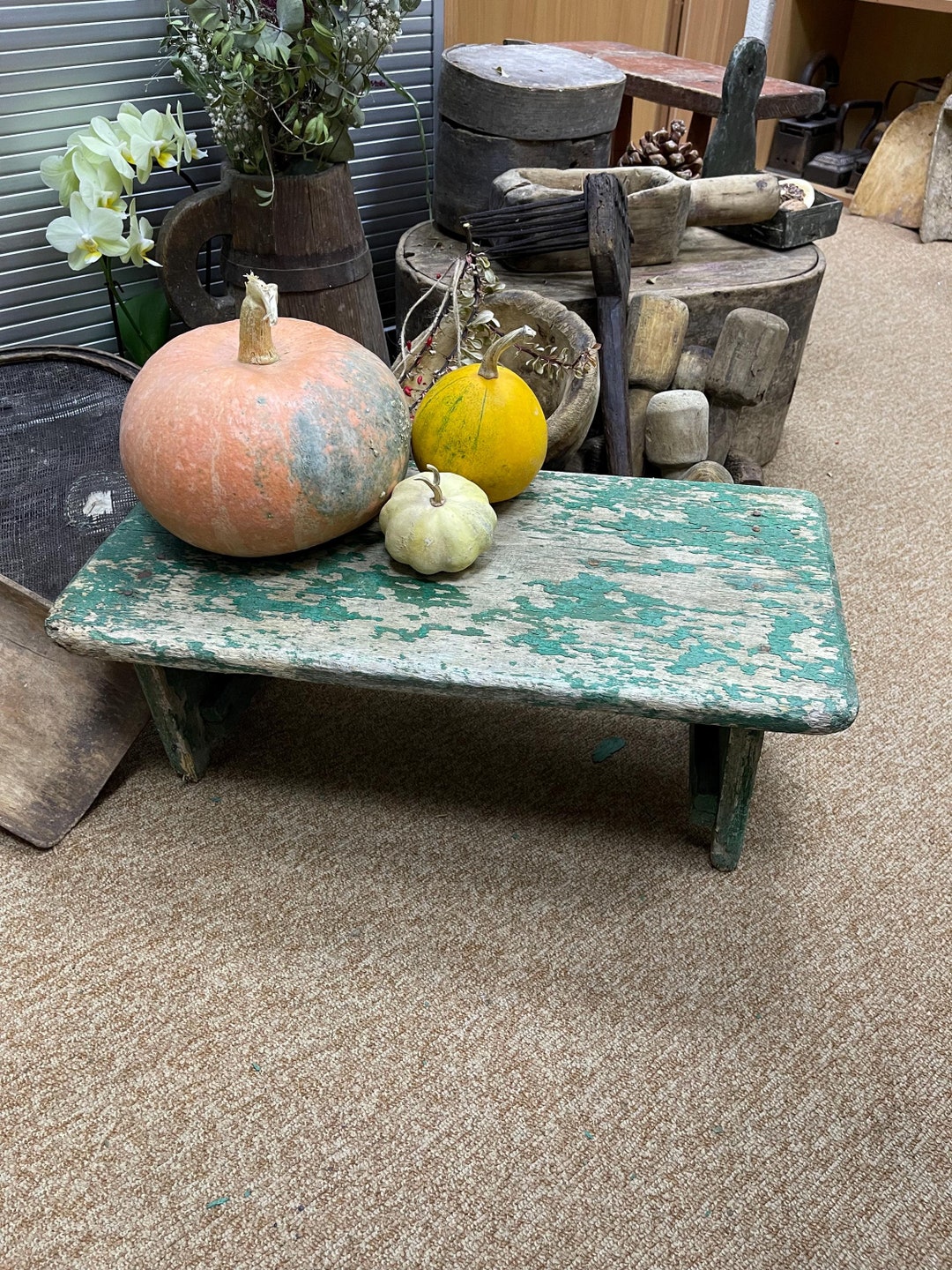 20in Rustic Antique Wooden Stool, Farm Work Stool, Folk Furniture ...