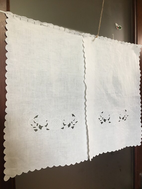 Vintage Pair of Small White Linen Cutwork Cafe Curtains Panels - Etsy