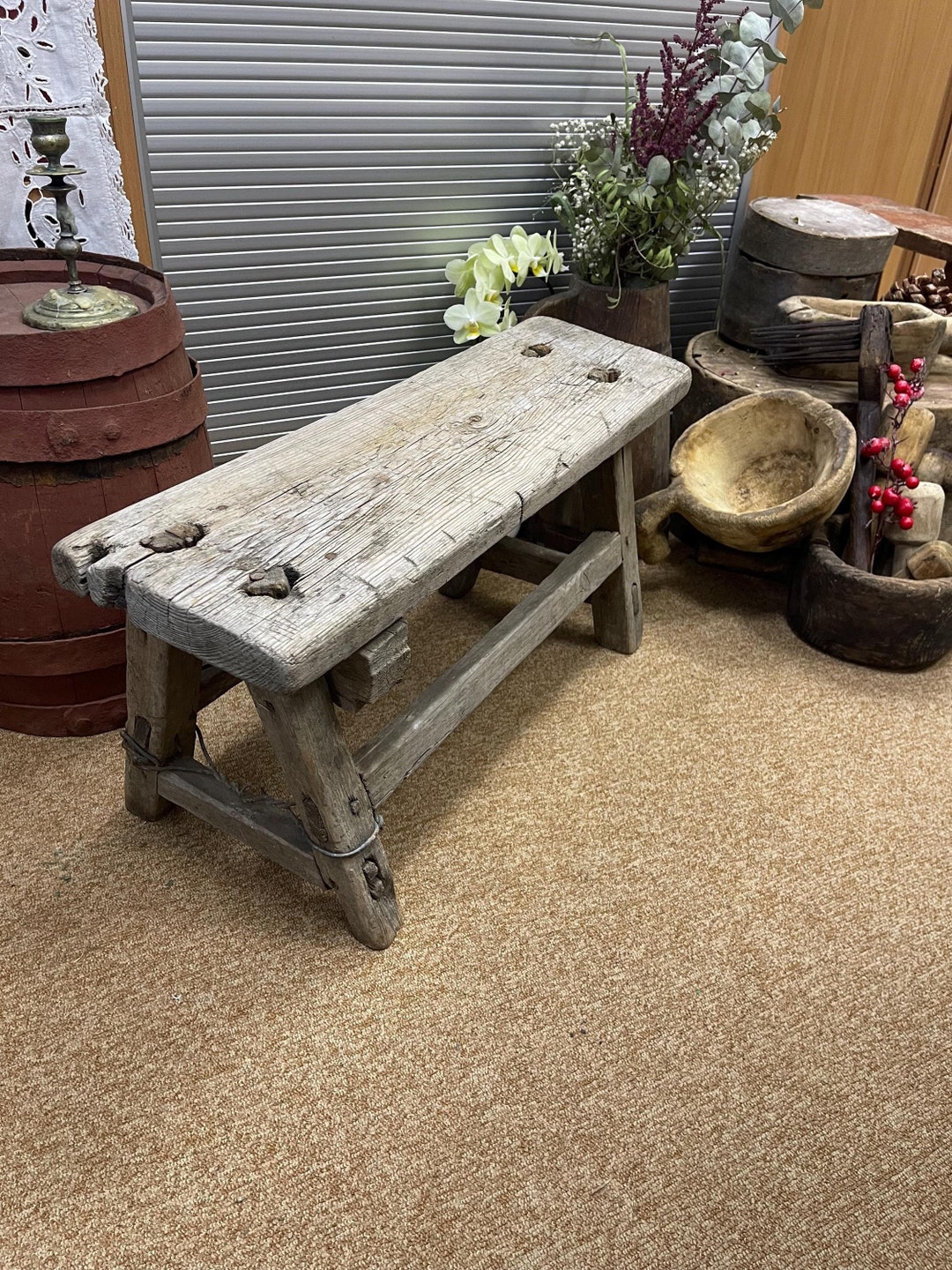 Rustic Antique Wooden Stool, Farm Work Stool, Folk Furniture, Primitive ...