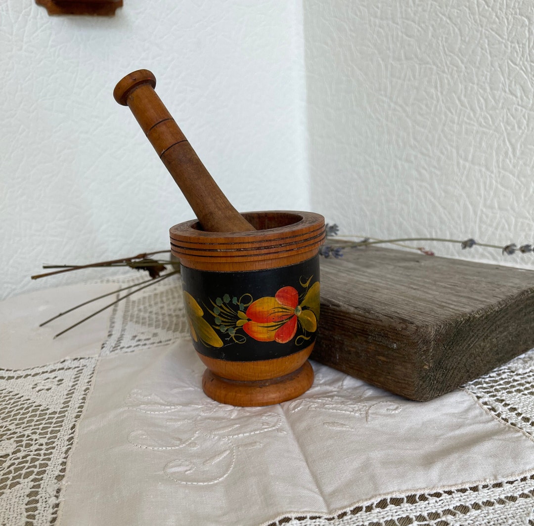 Vintage Wooden Mortar With Pestel, Handpainted Hand Made Rustic Wooden ...