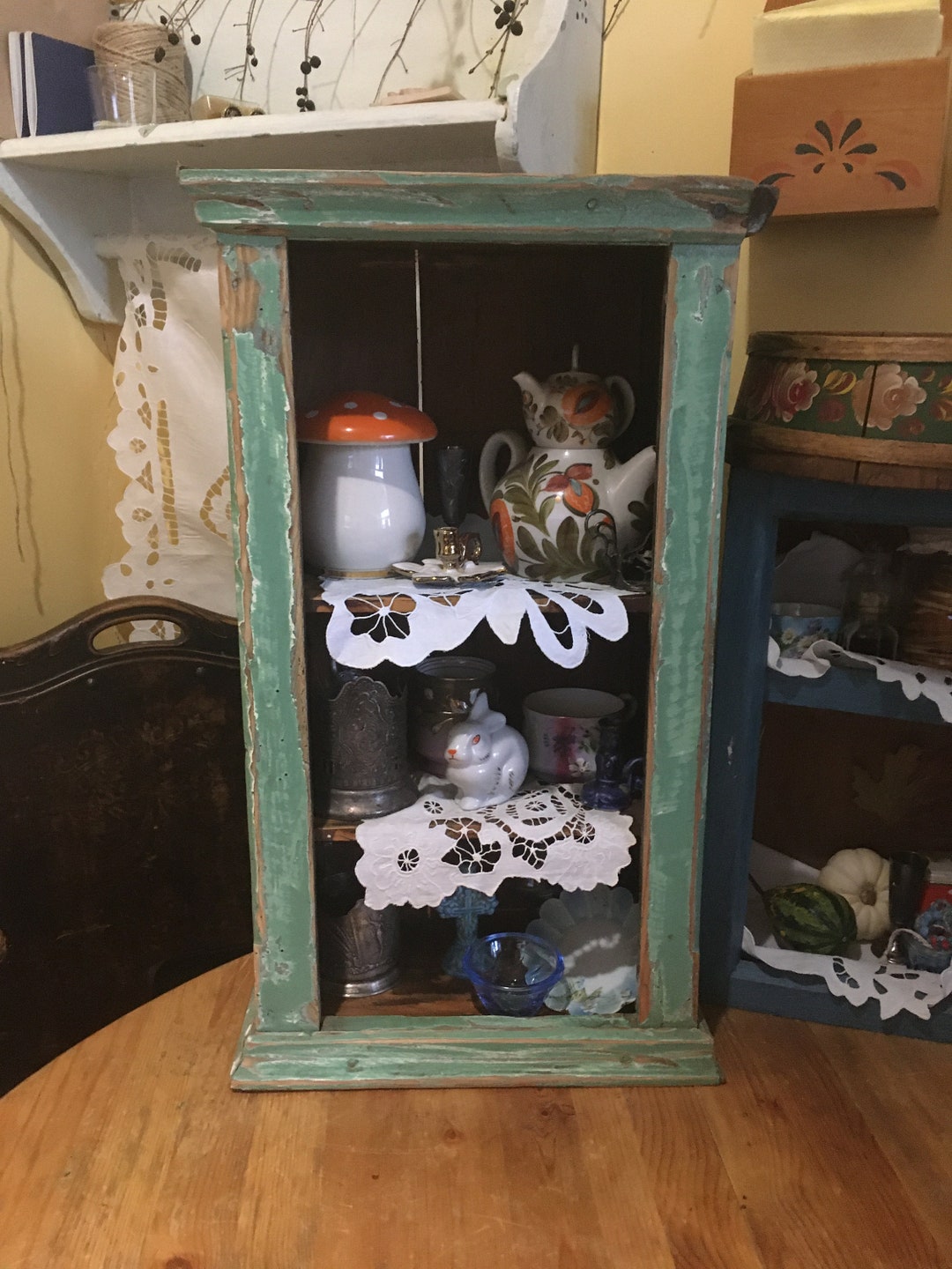 Primitive Cupboard Rustic Shabby Green Wooden Cupboard Wall Mount ...