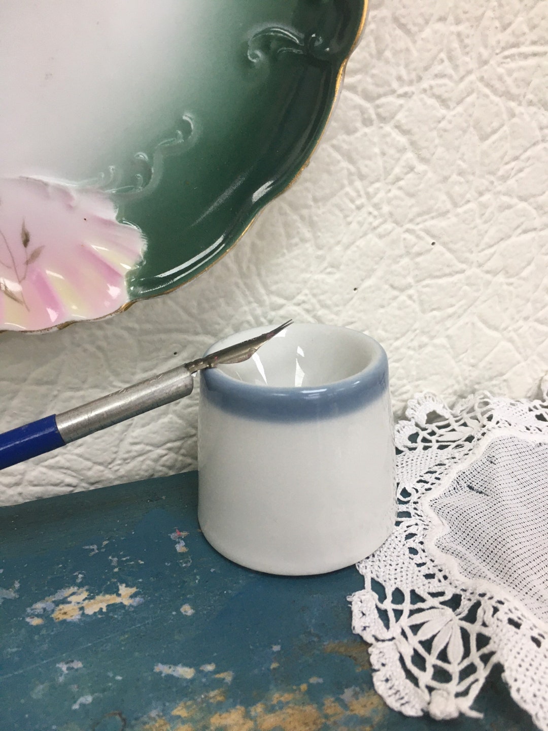 Vintage Non-spill Inkwell White and Blue China Inkstand, USSR School ...