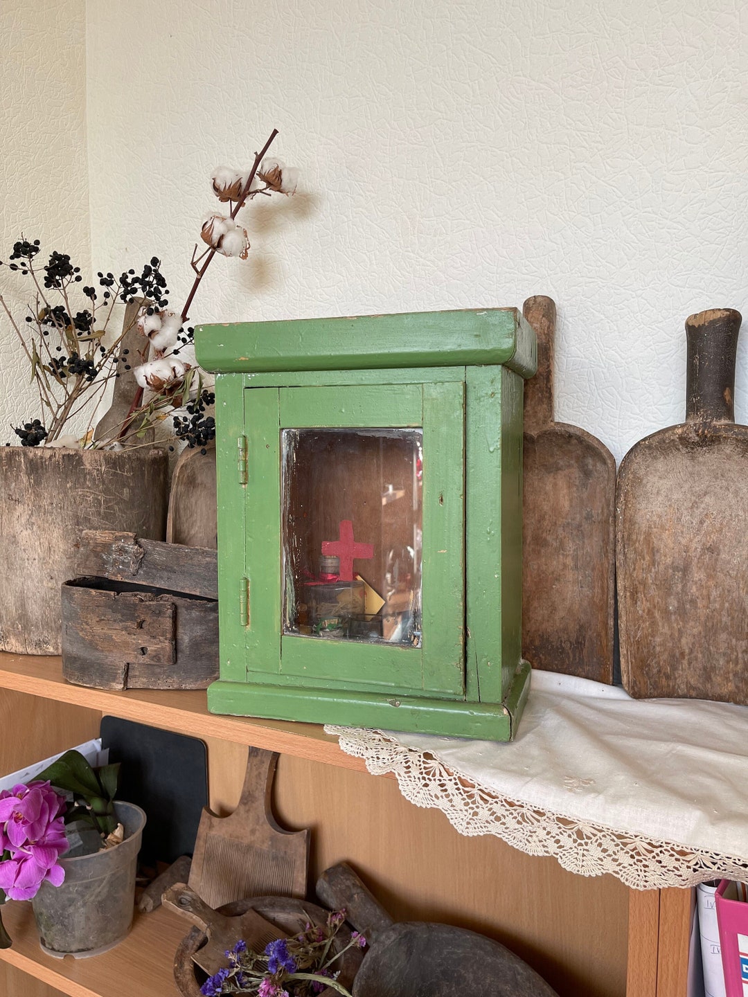 Primitive Vintage Medicine Cabinet Rustic Green Wooden Hand Made Close ...