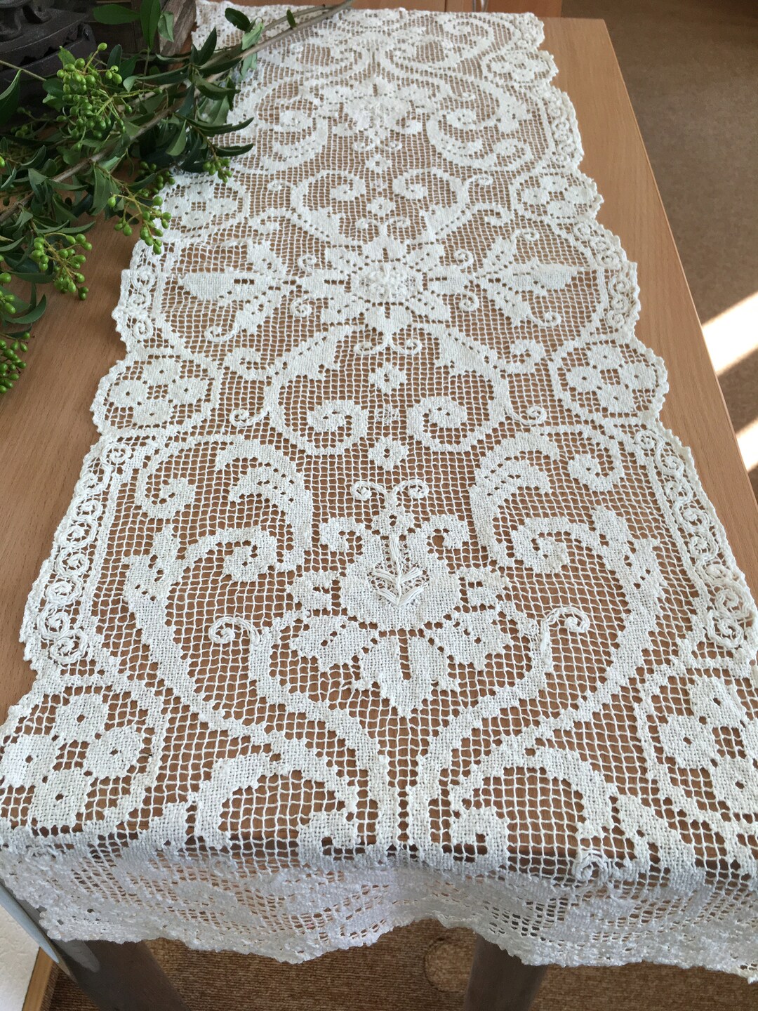 Filet Net Lace Runner 37 X 12.6 In, off White, Table or Mantle Scarf ...