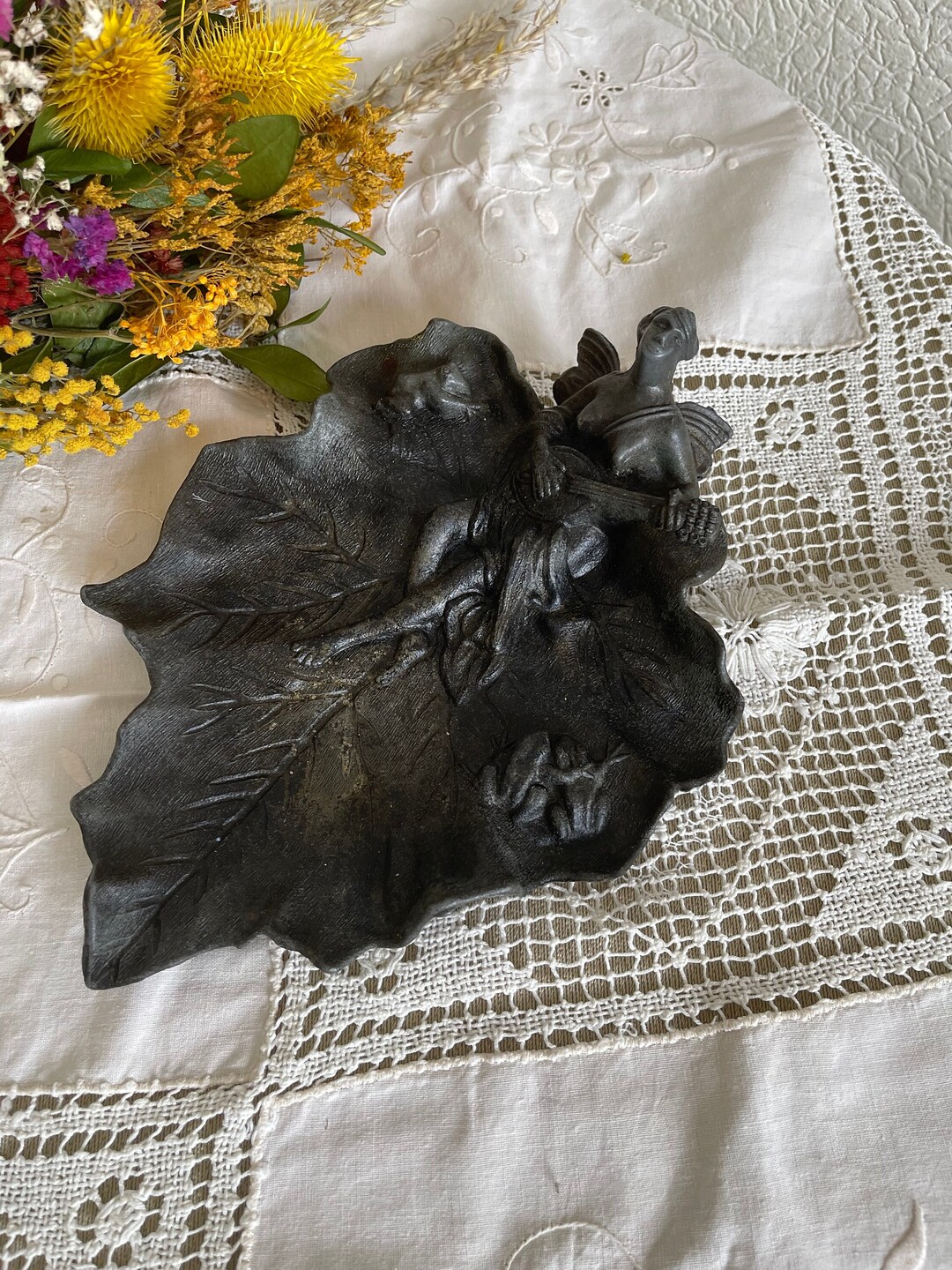 Vintage Girl Elf With a Lute on a Leaf, Hugging Frogs , Trinket Dish ...