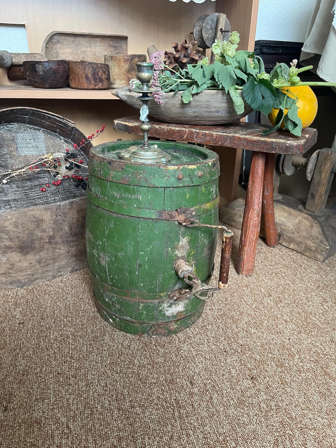 Antique 12*9in Wooden Keg With Metal Bands Primitive Handmade Barrel ...