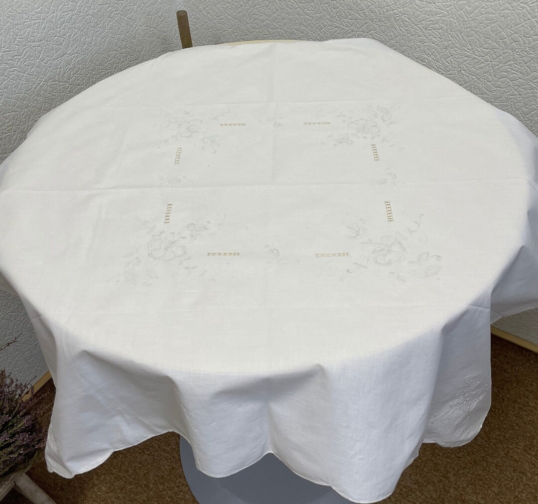 Vintage Small Elegant Square Light Grey Embroidery on White Table Cloth ...