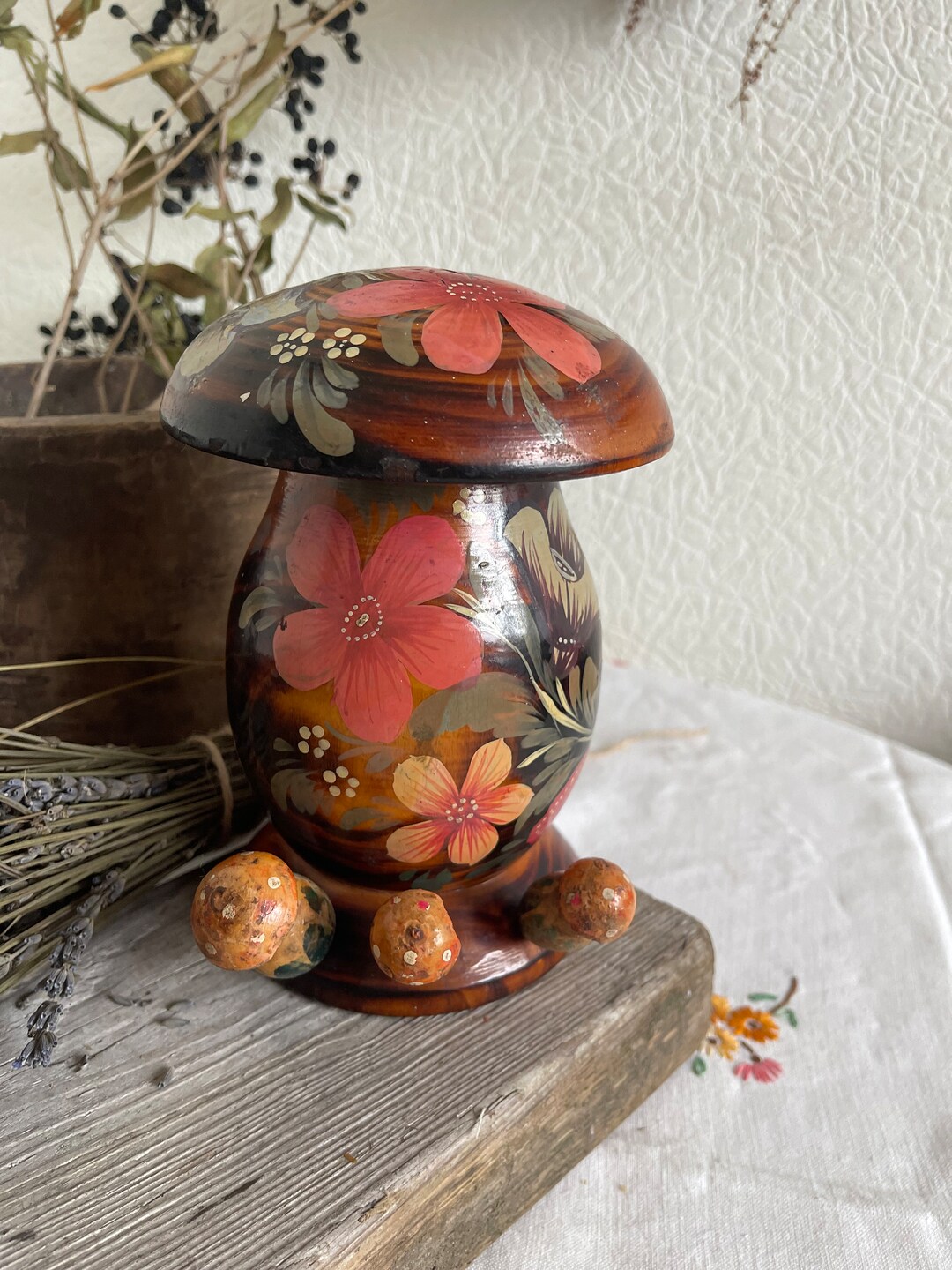 Vintage Wooden Mushroom Piggy Bank Coin Bank, Moneybox, Wooden Cash Box ...