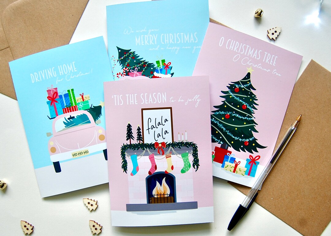 Pack of 4 Illustrated Christmas Card Pack, Pink and Blue Cards, Holiday ...