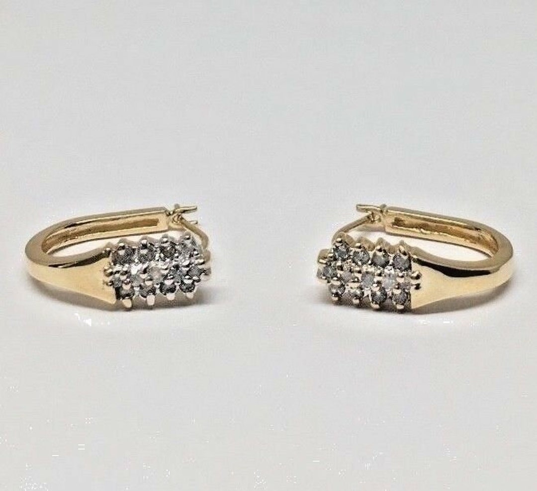 14k Yellow Gold 0.25ctw Triple Row Diamond Hoops Huggie Style Earrings ...
