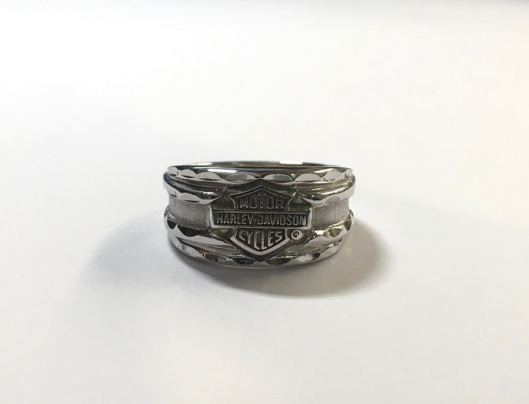 Vintage 10K White Gold Harley Davidson Diamond Cut Textured Wedding ...