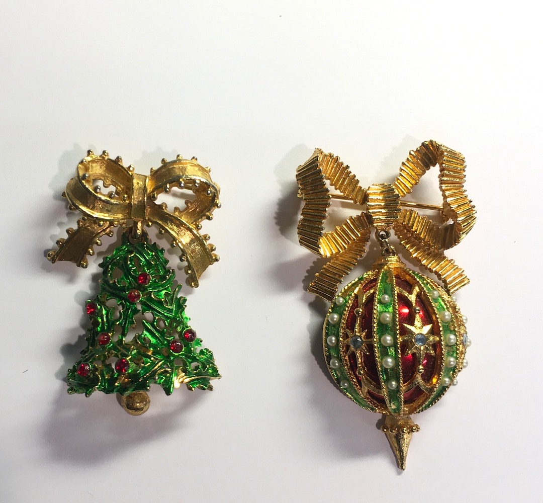 2 Vintage MYLU Christmas Ornament Tree Holly Bell Bow Gold Tone Red ...