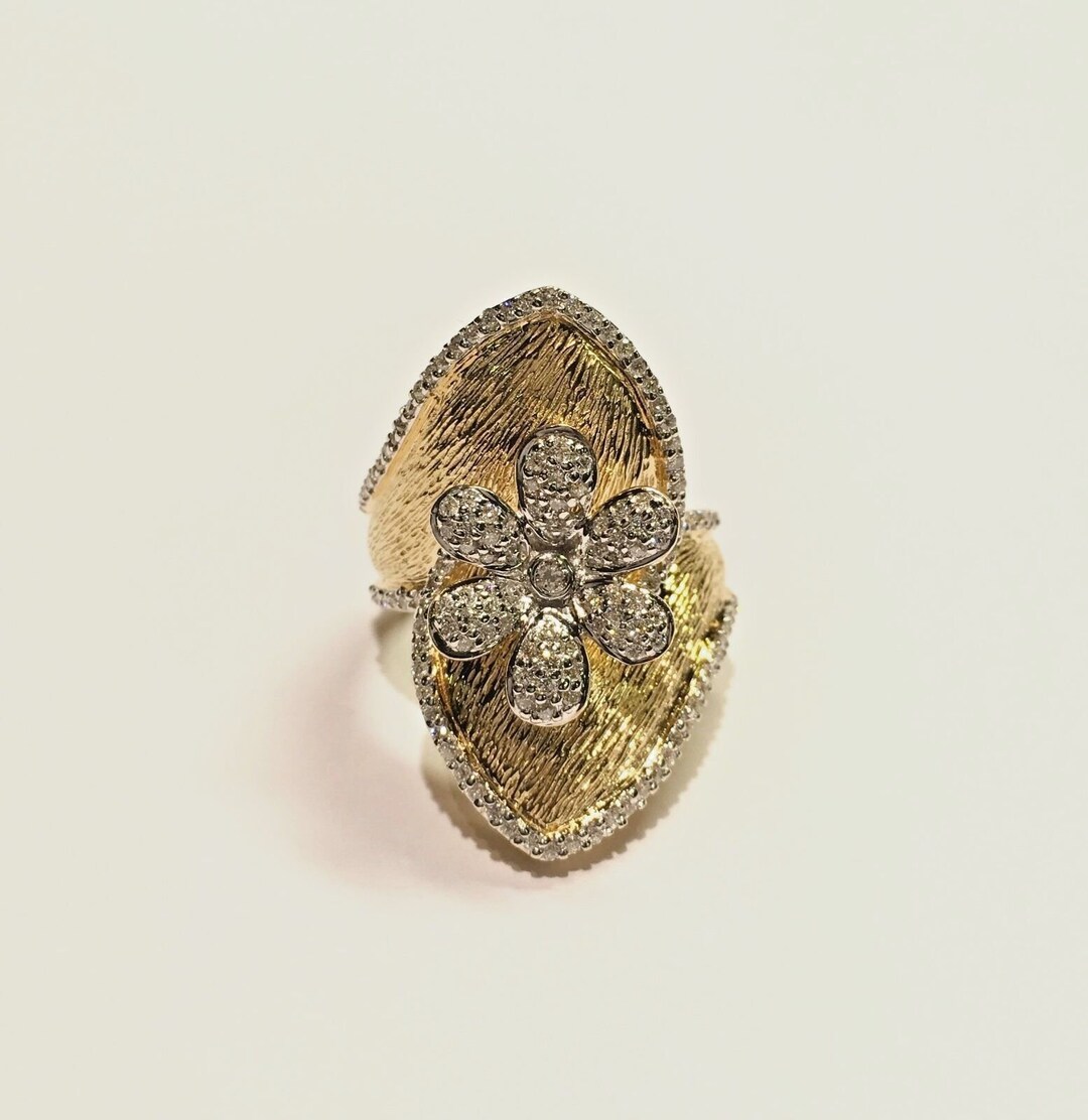 14k Yellow Gold Daisy Diamond & Tree Bark Texture Statement Ring Size 6 ...