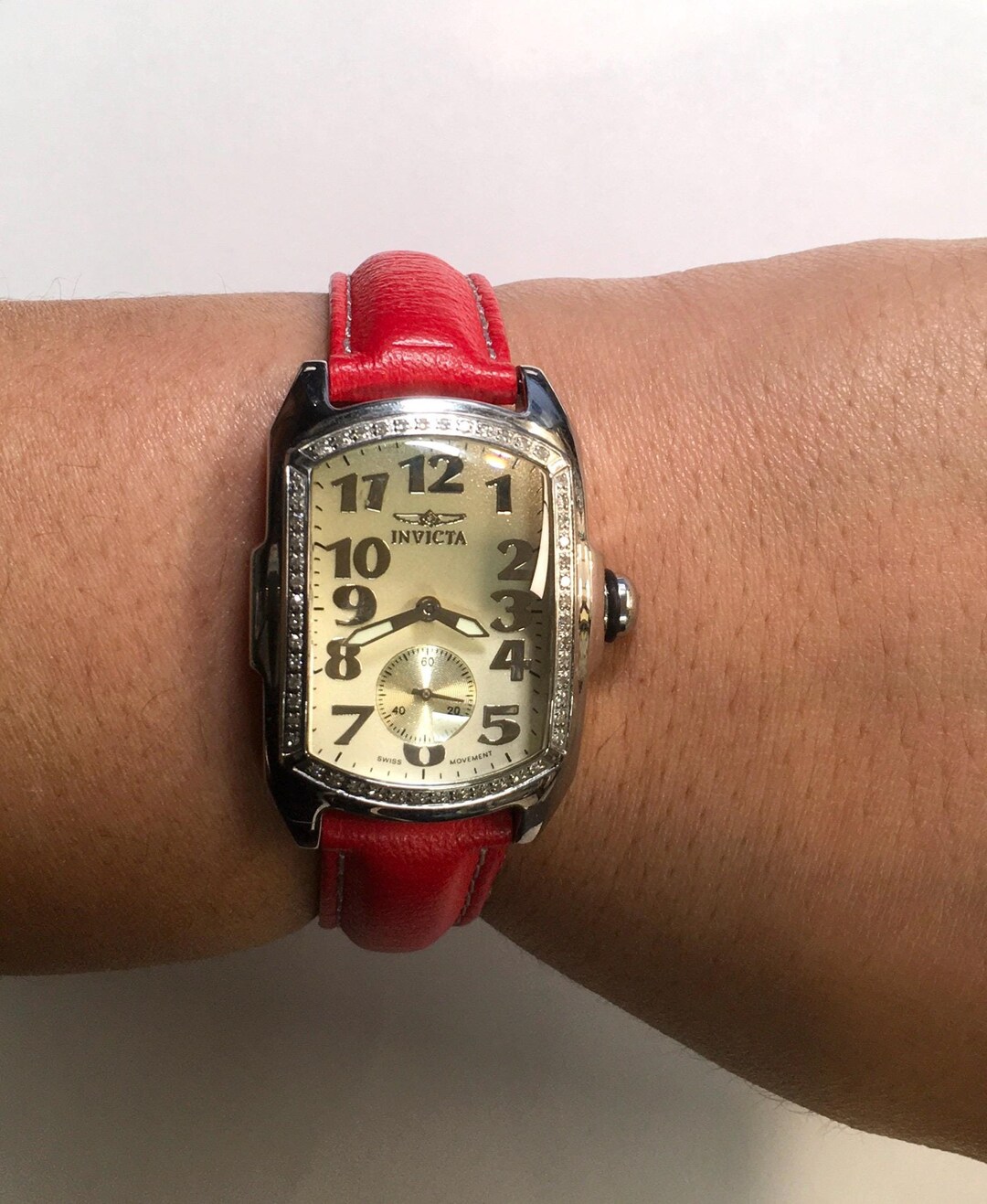 Invicta Diamond Lupah Model 2009 Red Leather Band Strap Rectangular ...