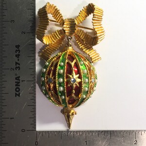 2 Vintage MYLU Christmas Ornament Tree Holly Bell Bow Gold Tone Red Green Enamel Rhinestone ...