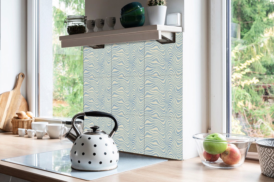 Abstract Waves Vinyl Tiles Blue Vinyl Tiles Flooring Beige | Etsy