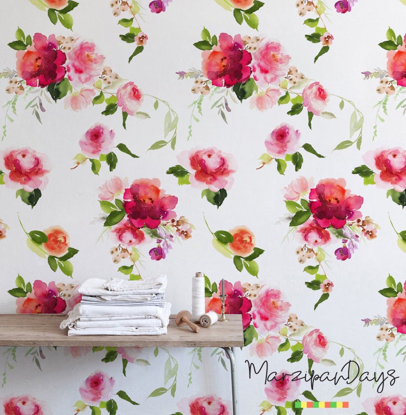Watercolor Flowers Removable Wallpaper Floral Wallpaper - Etsy