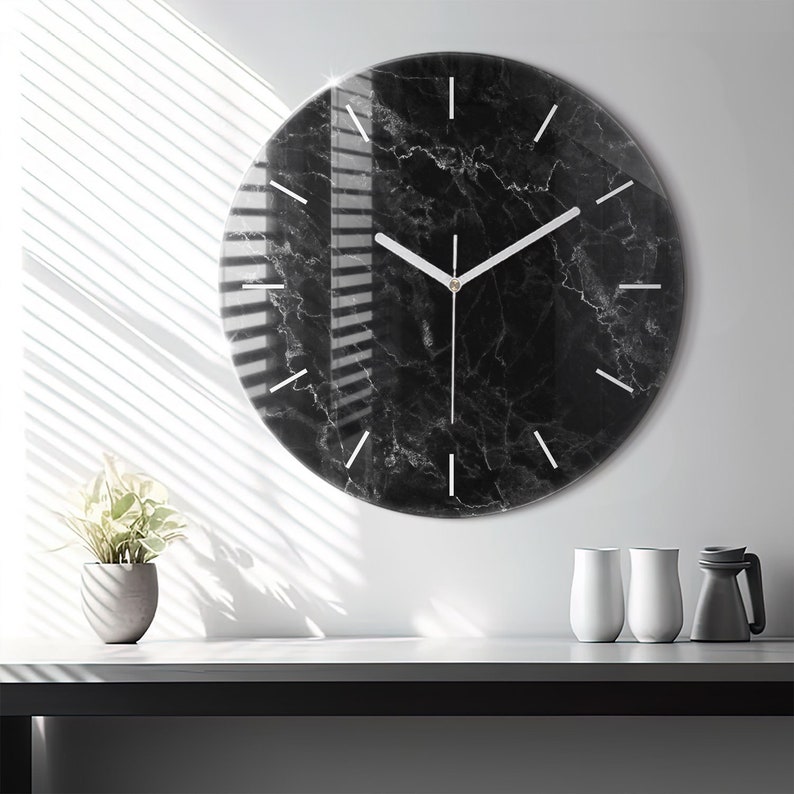 Dark Marble Glass Clock, Black Modern Wall Clock, Unique Wall Clock ...