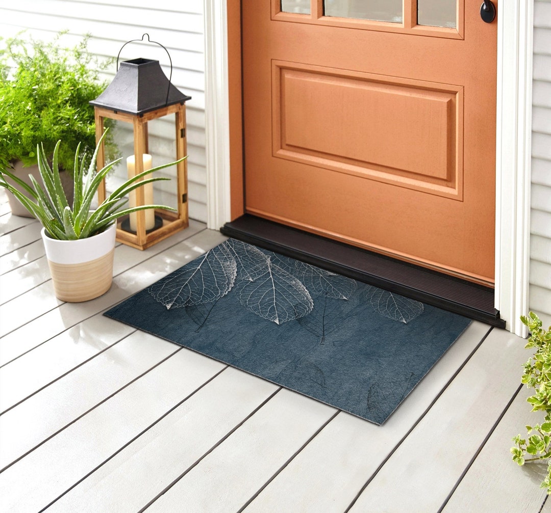 Minimalistic Leaves Outdoor Mat, Blue Welcome Doormat, Animal Cute ...