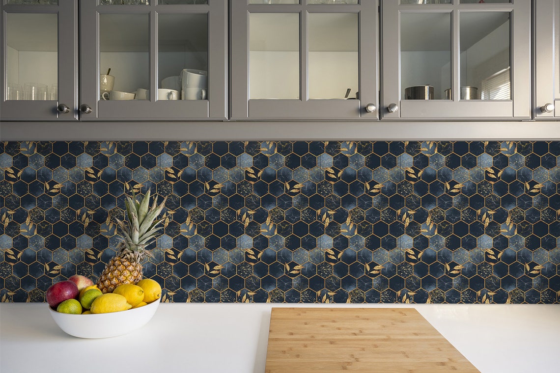 Leaves and Hexagons Vinyl Tiles Blue Vinyl Wall Panels Gold - Etsy