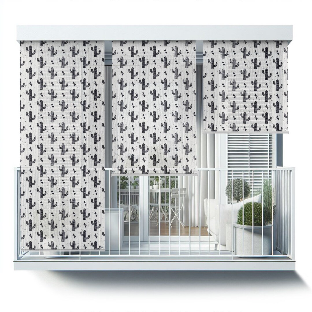 Black and White Balcony Shades, Cacti and Triangles Pattern Blinds ...