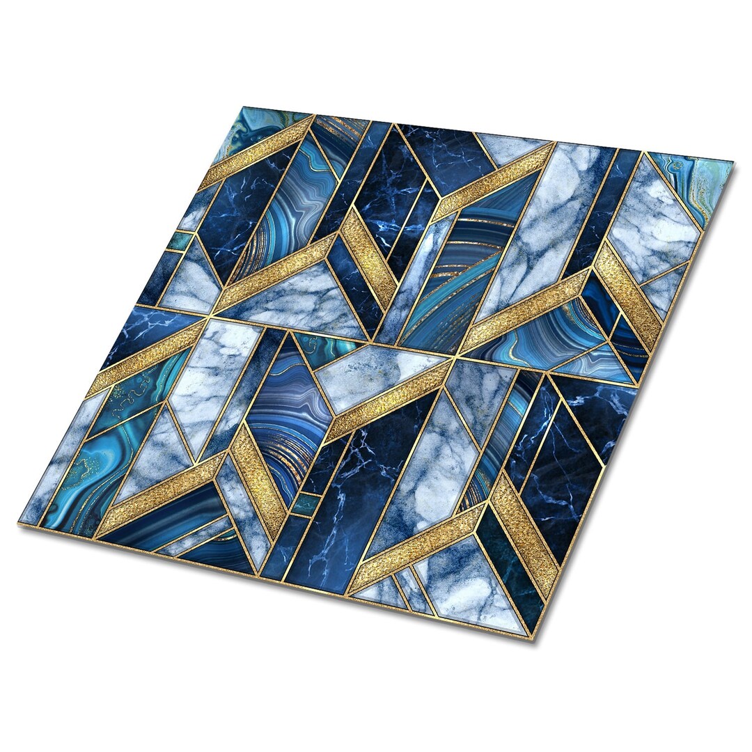 Modern Abstraction Vinyl Tiles, Blue Sticky Vinyl Tiles, Gold Vinyl ...