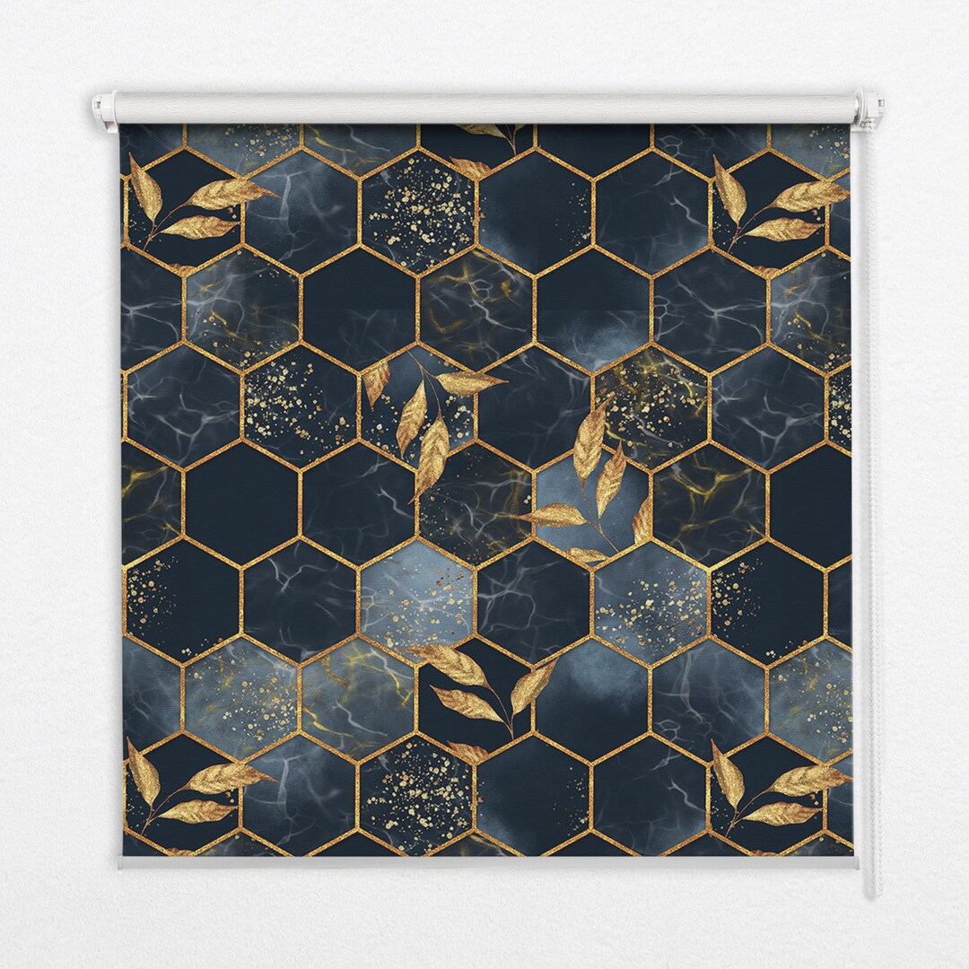 Blinds, Light Diffusing and Room Darkening, Gold Shapes, Navy and ...