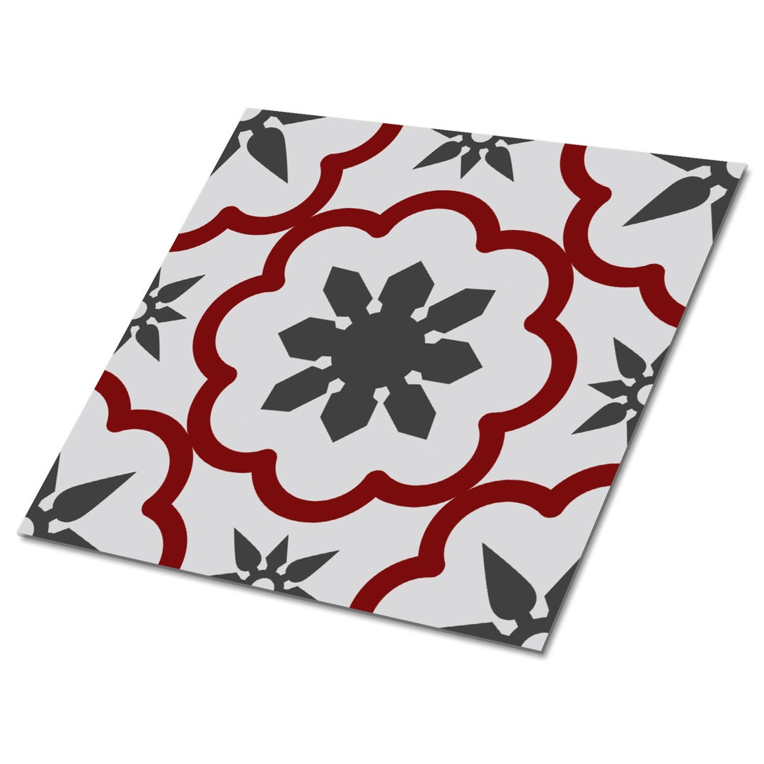 Geometric Stars Vinyl Floor Tiles, Gray Sticky Vinyl Tiles, Red Vinyl ...