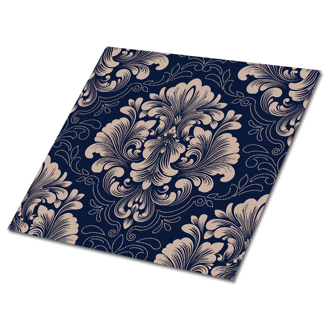 Damask Pattern Vinyl Tiles, Navy Blue Vinyl Floor Tiles, Brown Vinyl ...