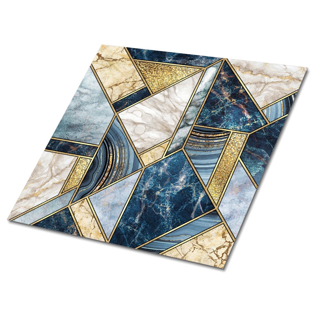 Geometry Abstraction Vinyl Floor Tiles, Blue Vinyl Wall Panels, Gold ...