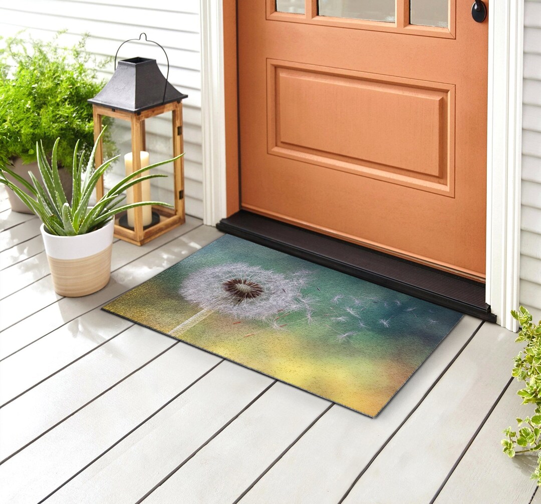 Dandelion Outdoor Mat, Green Welcome Mat, Floral Front Door Mat, Non ...