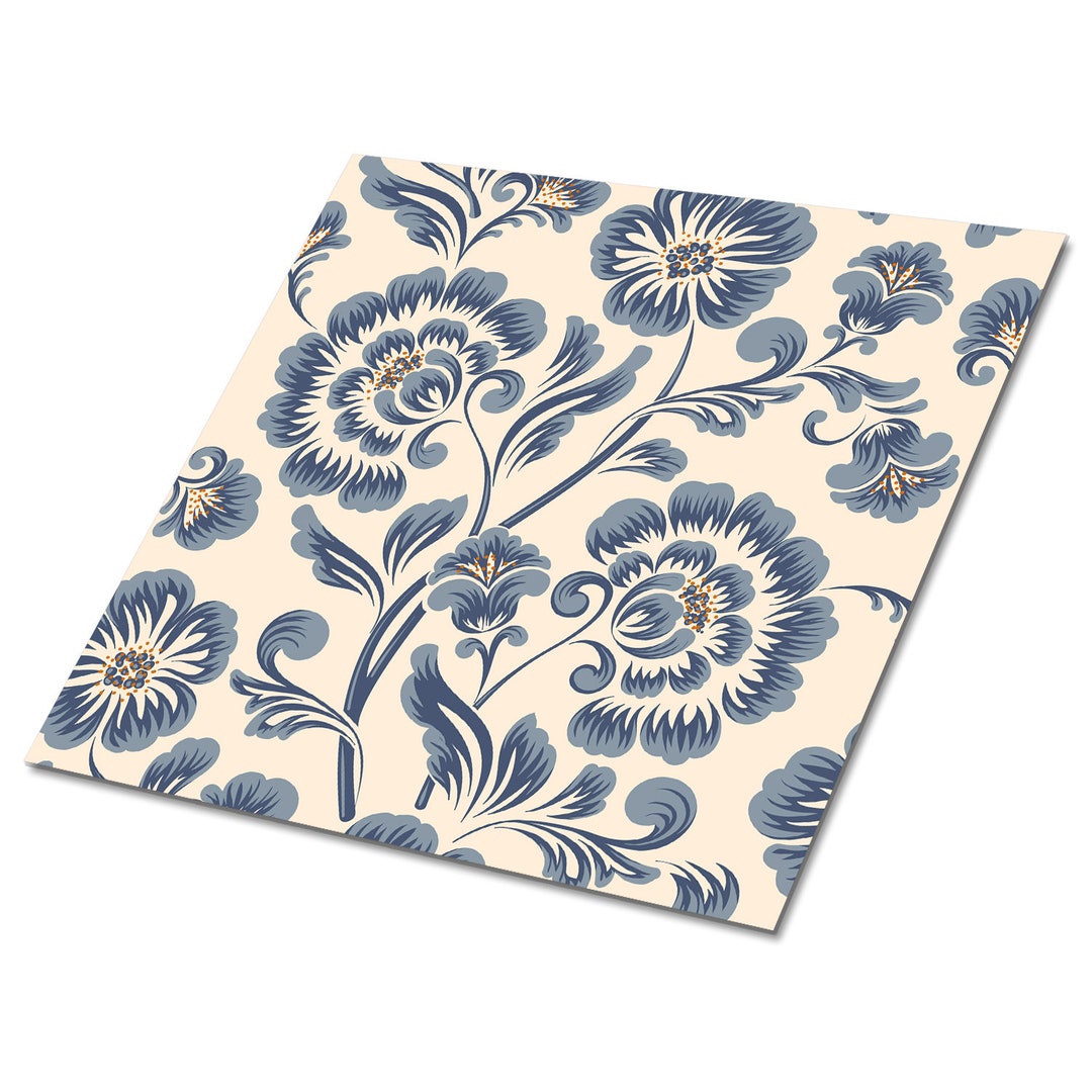 Classic Floral Pattern Vinyl Floor Tiles, Blue Vinyl Wall Panels, Beige ...