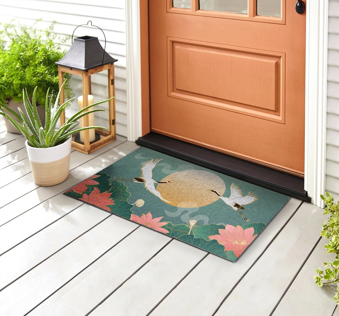 Japan Birds Outdoor Mat, Blue Welcome Doormat, Floral Cute Doormat ...