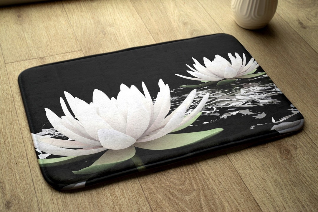 Water Lilies, Black Floral Pattern, Soft Carpet, Bath Runner, Small Mat ...