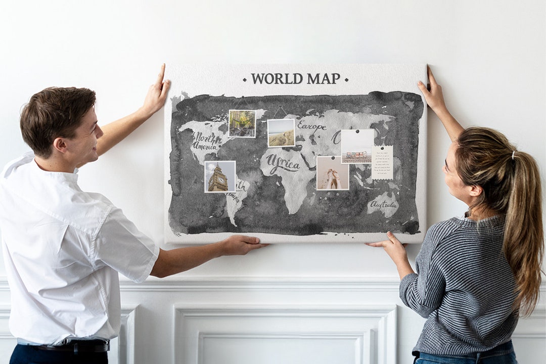 Retro Dark World Map, Travel Tracker, Size XXL, Gray, Push Pins, Pin ...