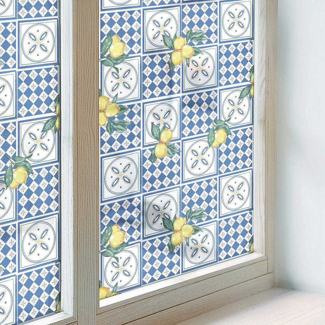 Lemon Pattern Stained Glass Cling, Blue Window Sticker, Backgrounds and ...