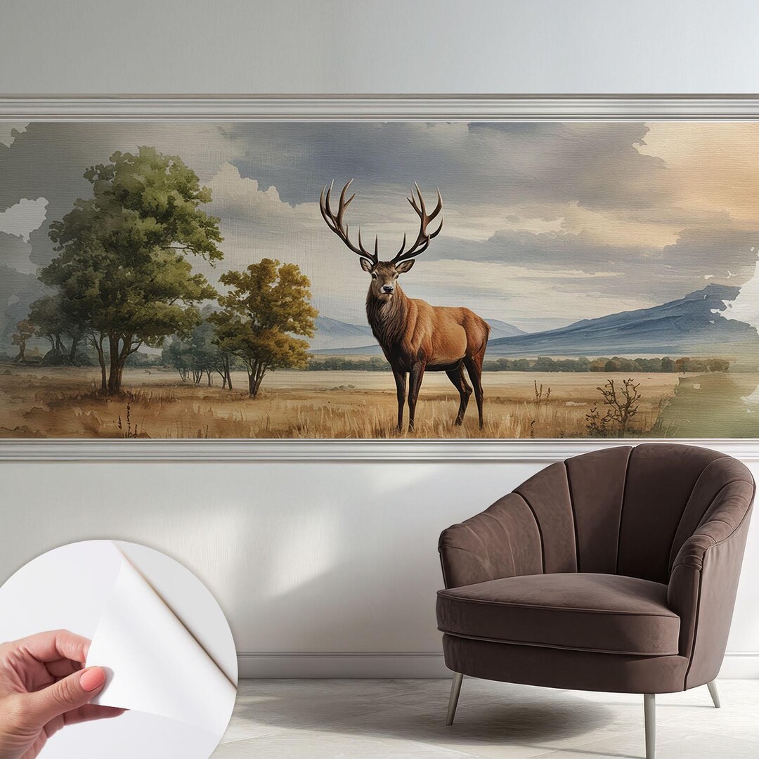 Majestic Deer Landscapes Wall Mural Green, Custom Wallpaper, Self ...