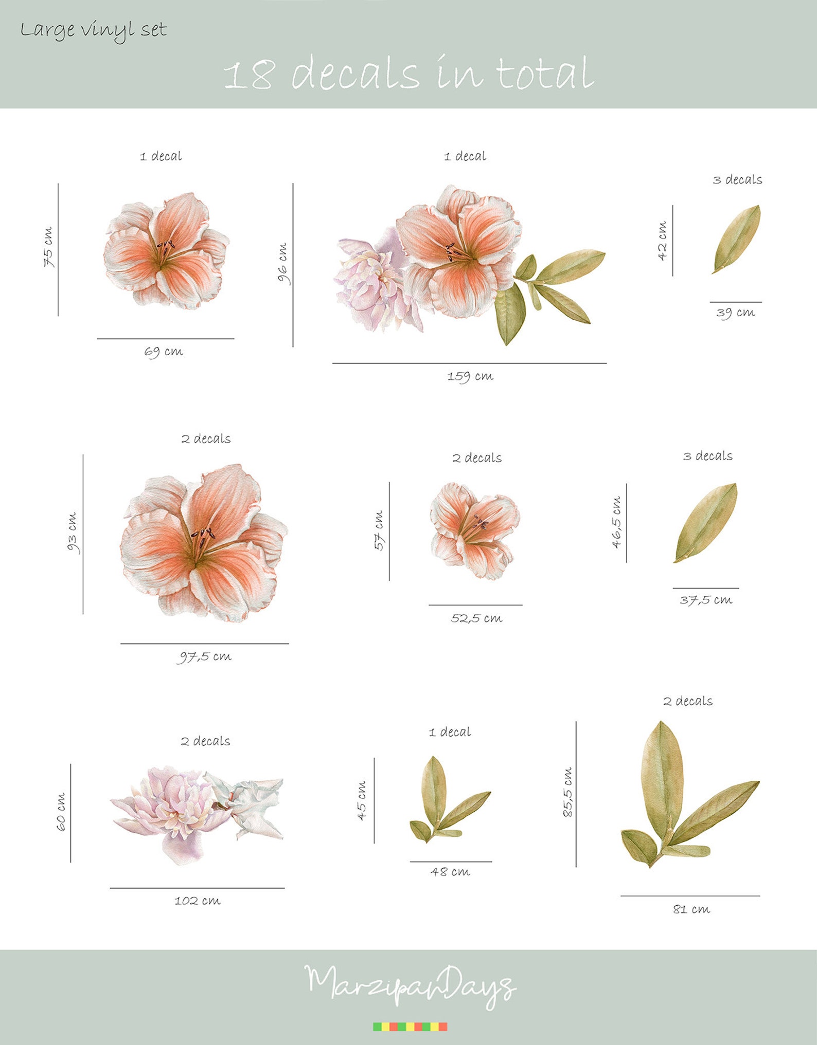 Spring Floral Vinyl Set, Life Size Decals, Plants Art, Wild Flowers ...